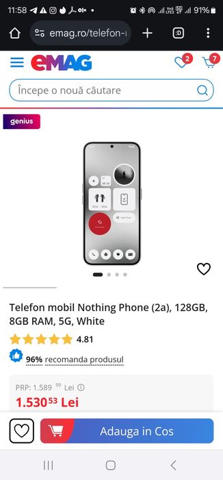 Nothing Phone (2a), 128GB, 8GB RAM, 5G, White, doar desigilat Constanta ...