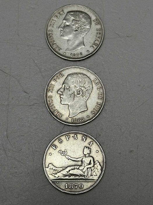 LOT 3 MONEDA ARGINT 900 - 5 Pesetas - Spania - 1870, 1876, 1885 ...