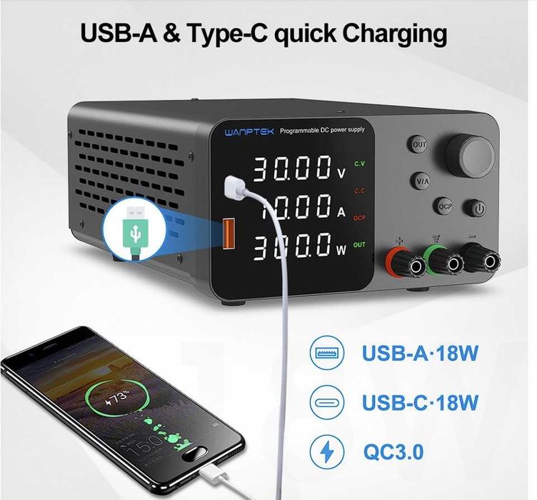 Sursa laborator de curent continuu programabila 30V 10A 300W USB A / C ...