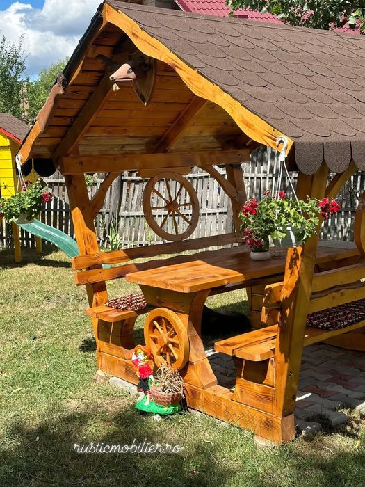 Set masa cu bănci din lemn rustic terasă foișor bar Ilfov Otopeni • OLX.ro