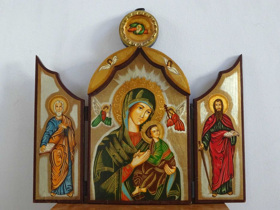 Icoana Triptic ‘Maica Domnului cu Pruncul’-Triptic vechi pictat manual ...