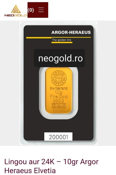 Lingou aur 24k 10 grame Argor Heraeus Elveția NEOGOLD.RO Bucuresti Sectorul 1 • OLX.ro