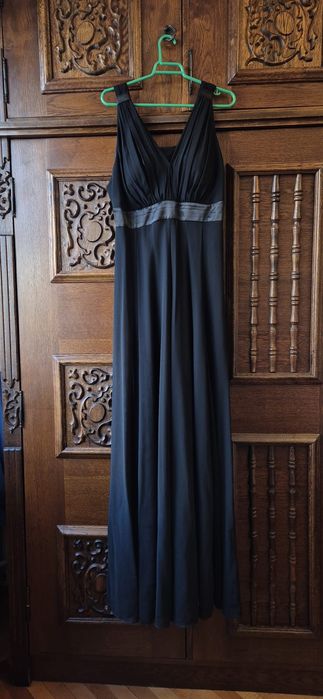 Set unicat Rochie de seara neagra + top auriu dantela brodat + geanta ...