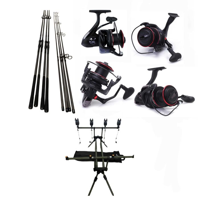 Set 4 Lansete 3,90m,4 Mulinete Tambur 10.000,Long Cast,Rod Pod Echipat ...