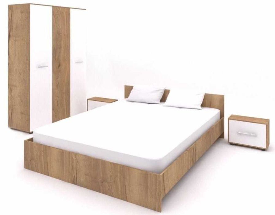 Dormitor Raio Alb/Venghe/Stejar - Pat + 2 Noptier + Dulap DIG479 Buhusi • OLX.ro