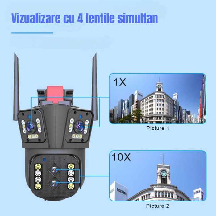 Camera supraveghere tripla WiFi Wistino 16 MP, 4K, Ultra HD, Zoom 10x ...