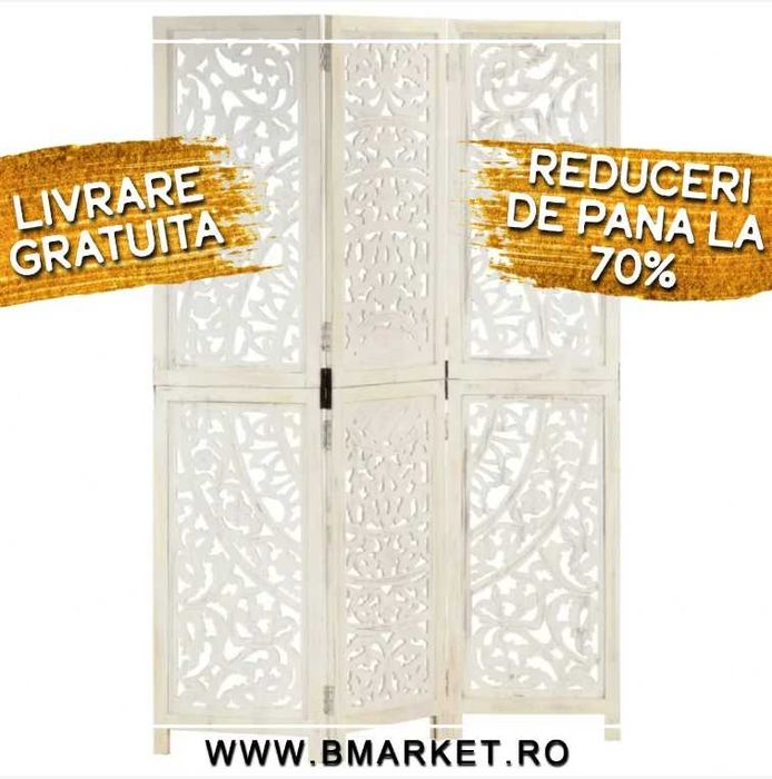 Paravan cameră/Separator de cameră 3 panouri 120×165 cm, Mango, Alb ...