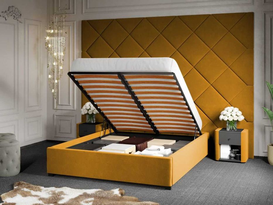 Pat Tapitat cu Panou Inalt C3 Dubai Galben cu somiera rabatabila+lada ...