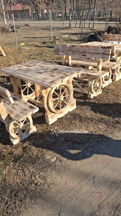 Set masa cu bănci din lemn rustic terasă foișor bar Ilfov Otopeni • OLX.ro