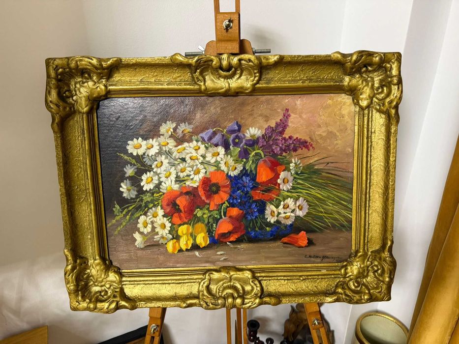 Tablou vechi in ulei pe placaj Elena Muller Stancescu (rama originala ...