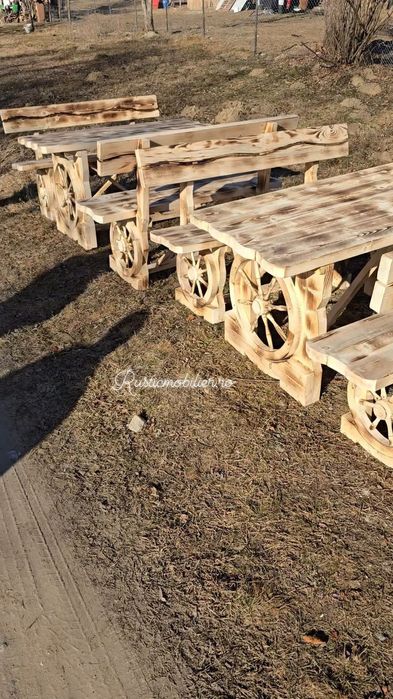 Set masa cu bănci din lemn rustic terasă foișor bar Ilfov Otopeni • OLX.ro