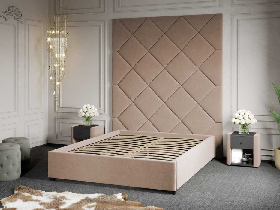 Pat Tapitat cu Panou Inalt C1 Dubai Bej Velluto 3 cu somiera fixa ...