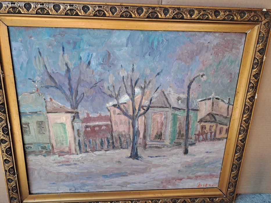 Tablou vechi pictura pe carton gros 57/67 cm semnat Bascov • OLX.ro