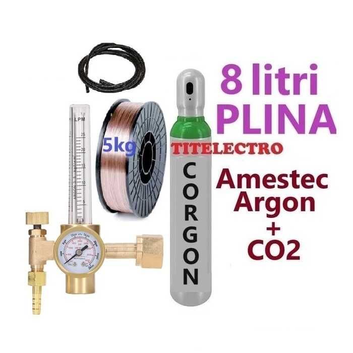 Butelie corgon Argon+CO2 8L PLINA+ reductor cu bila + sarma 0.8mm 5kg ...