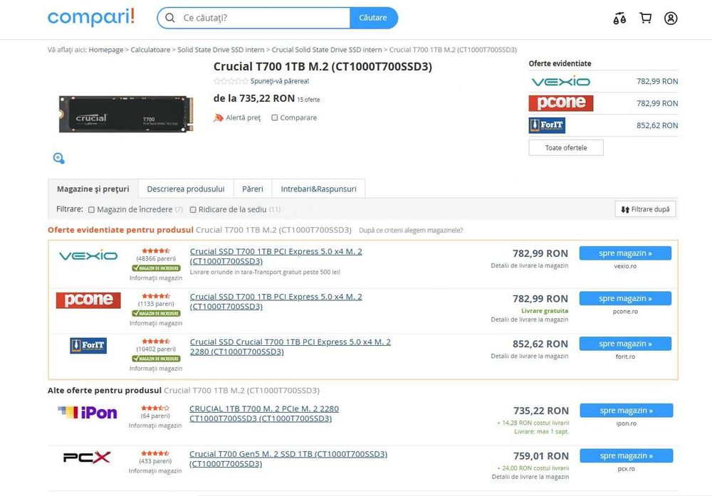 Crucial T700 1 TB PCIe Gen5 NVMe M.2 SSD 11700 MB/s -nou Iasi • OLX.ro