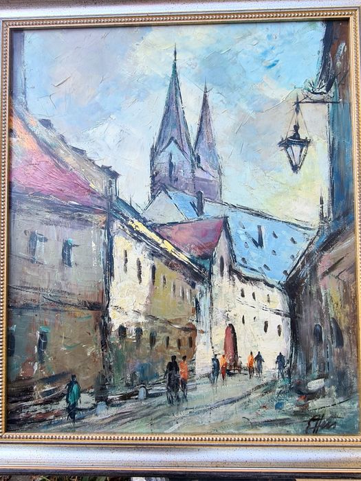 " La plimbare ", tablou deosebit, Ewald Hess, vechi , u/c, cu ramă ...