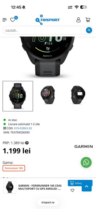 Ceasuri sport Garmin Forerunner 165, negru și alb Bucuresti Sectorul 1 ...
