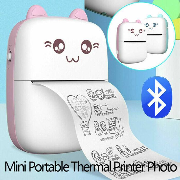 Мини принтер Cute Cat, Bluetooth, USB + 9 ролки хартия за мини принтер ...