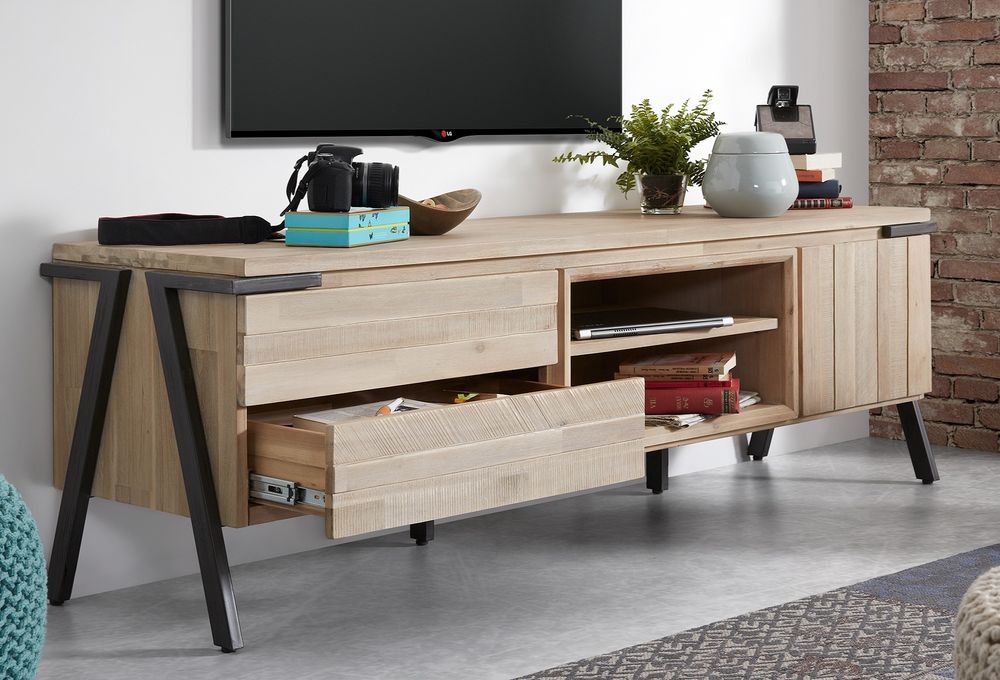 Comoda TV LEMN MASIV de SALCAM cu finisaj natural albit | 165 cm Ilfov ...