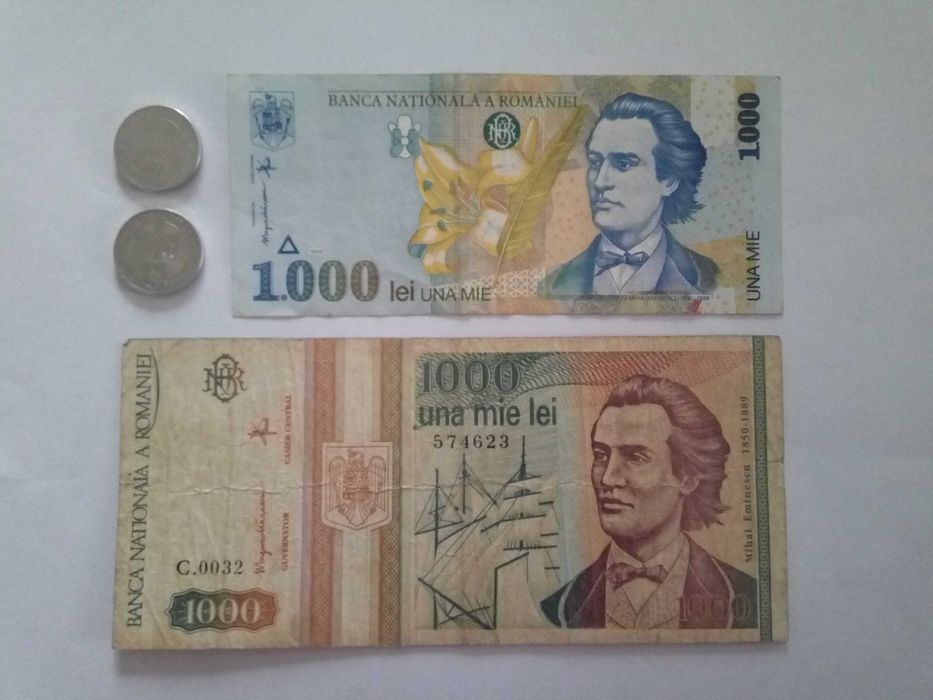 Pachet 2 monede de 1000 lei+2 bancnote de 1000 lei Eminescu Craiova ...