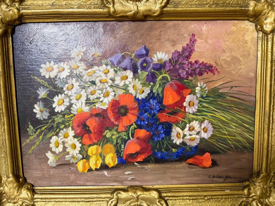 Tablou vechi in ulei pe placaj Elena Muller Stancescu (rama originala ...