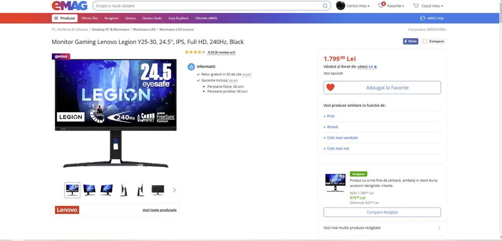 Monitor Gaming Lenovo Legion Y25-30, 24.5", IPS, Full HD, 240Hz Ramnicu Valcea • OLX.ro