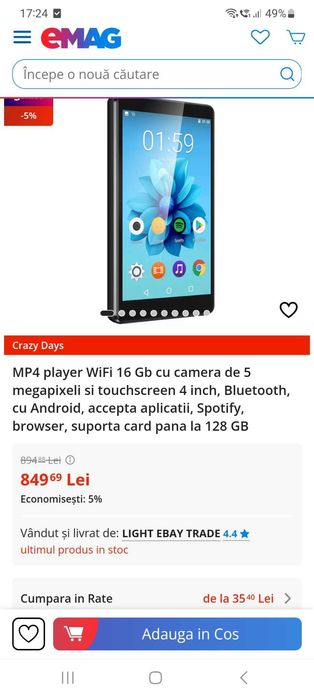 MP4 player WiFi 16 Gb cu camera de 5 megapixeli si touchscreen 4 inch ...