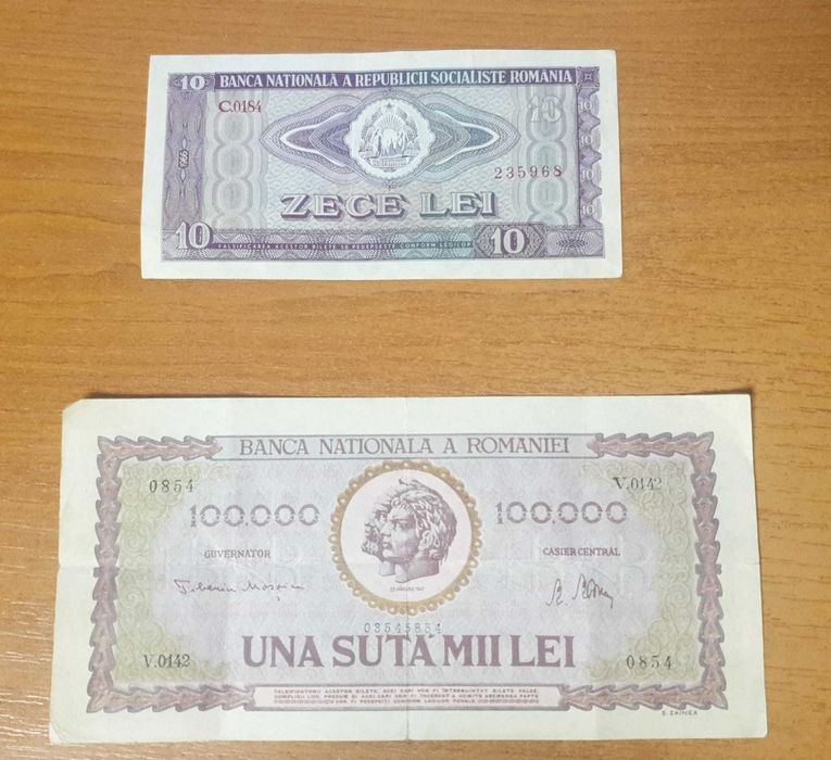 Bancnote vechi romanesti de 10 lei si 100.000 lei, anii 1966 si 1947 ...