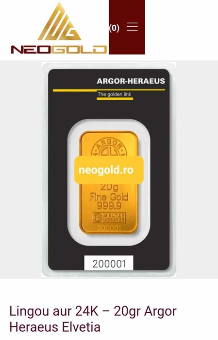 Lingou aur 24k 20 grame Argor Heraeus Elveția NEOGOLD.RO Bucuresti Sectorul 1 • OLX.ro