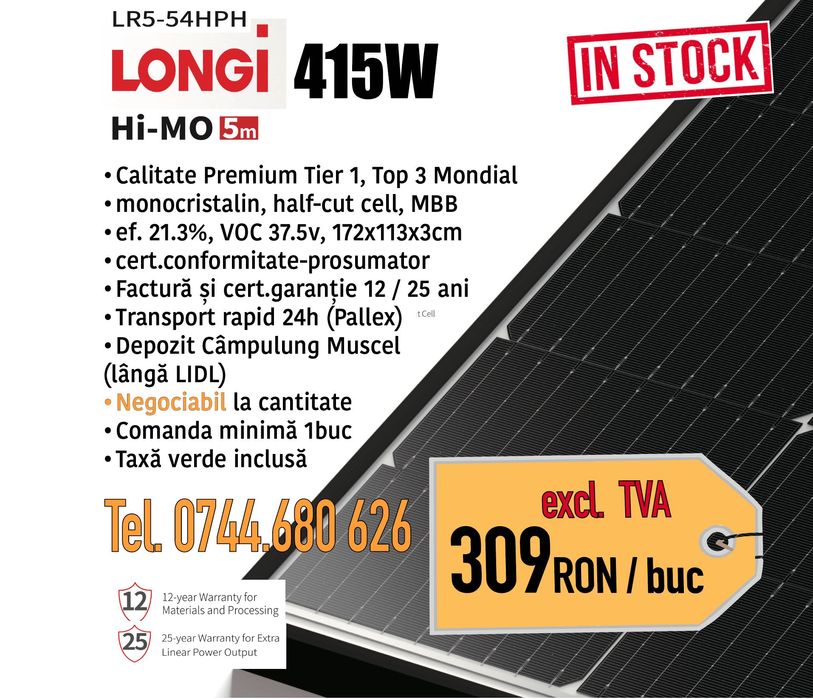 Panou fotovoltaic LONGI LR5-54HPH-415w ( Canadian, Trina, Jinko ) Campulung • OLX.ro