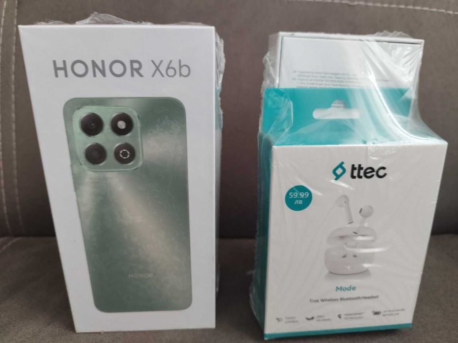 ЧИСТО НОВ КОМПЛЕКТ: Смартфон HONOR X6b + Безжични слушалки TTEC Mode гр ...