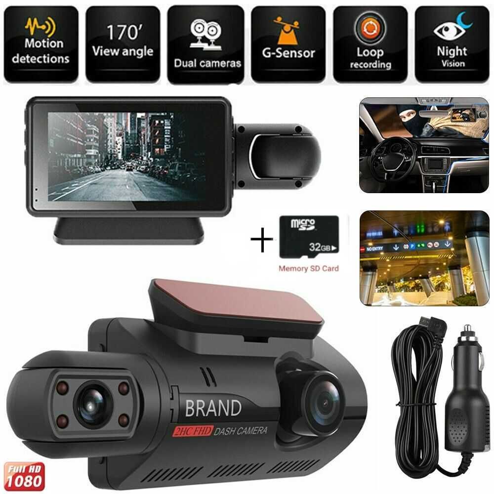 Видеорегистратор за Кола Full HD 1080P с 2 камери и 32 GB карта памет ...