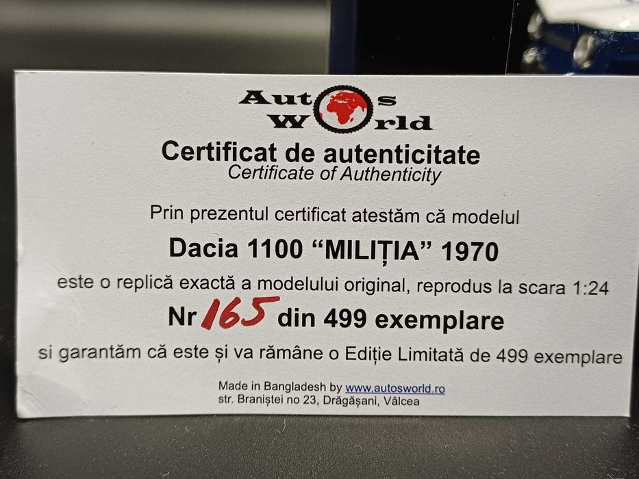 Macheta Dacia 1100 "Militia" 1970 scara 1:24 - producator AutosWorld ...