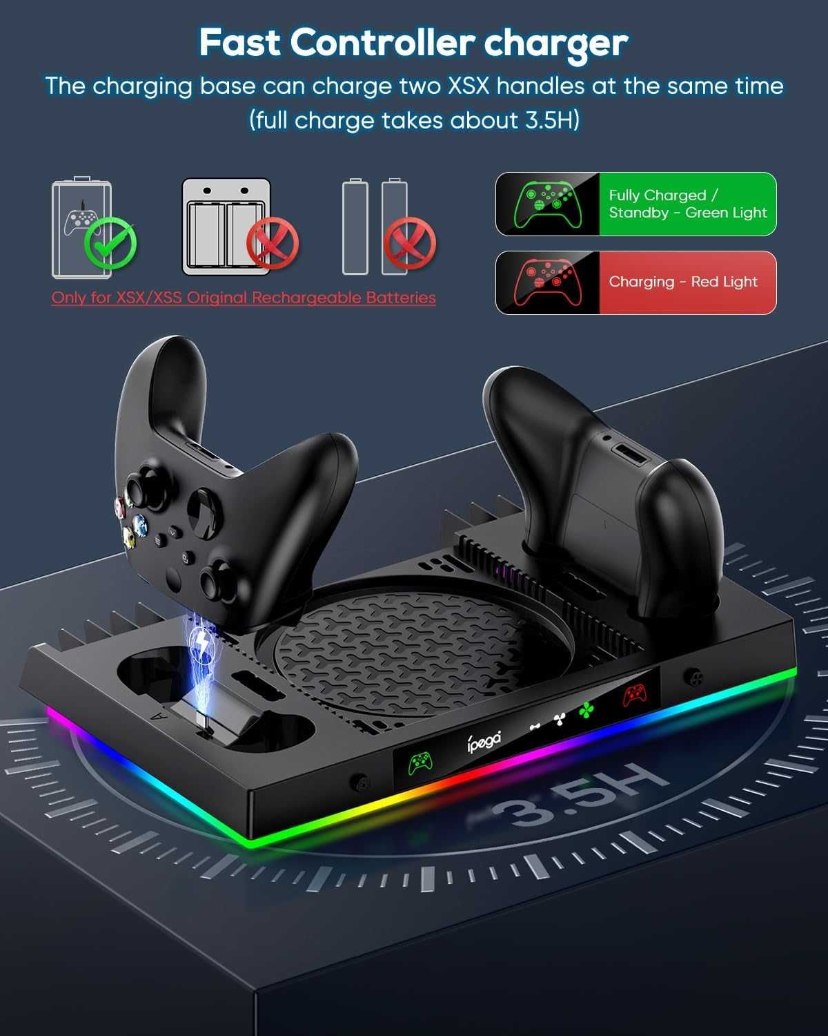 Охлаждаща поставка за Xbox Series X конзола и двойна стойка зареждане ...