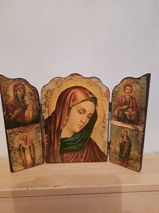 Icoană veche pictată manual pe lemn Maica Sfântă pruncul Isus Hristos ...