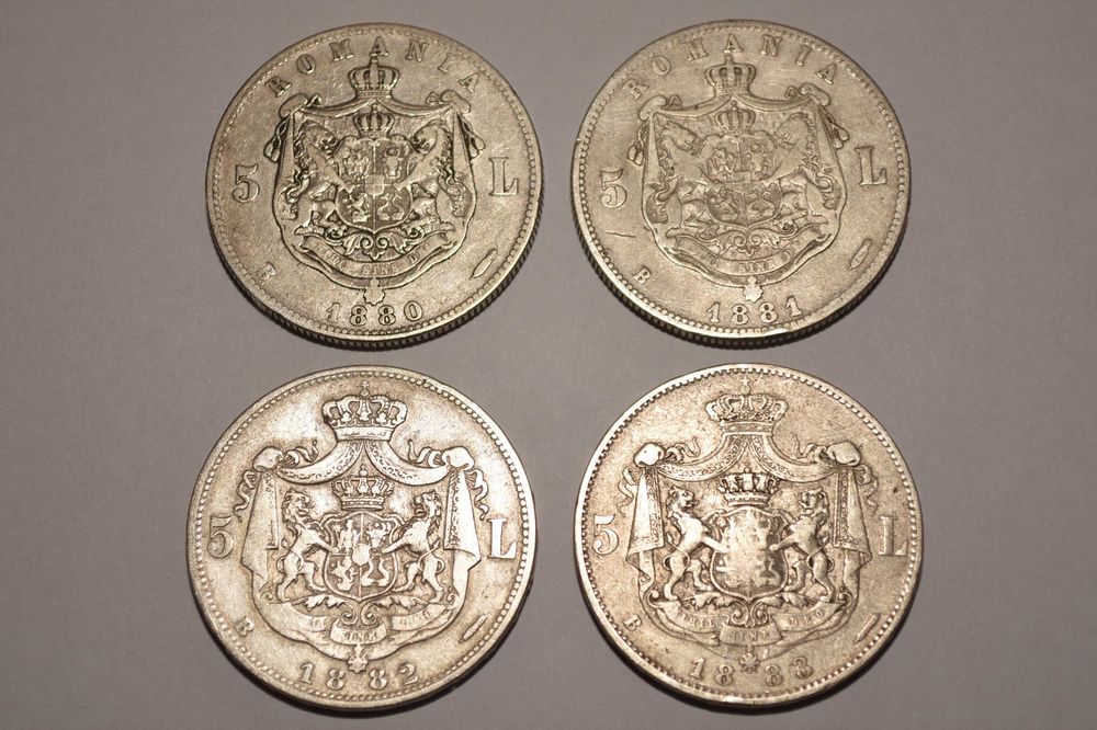 Set monede 5 lei, argint, din anii: 1880, 1881, 1882, 1883. Bucuresti ...