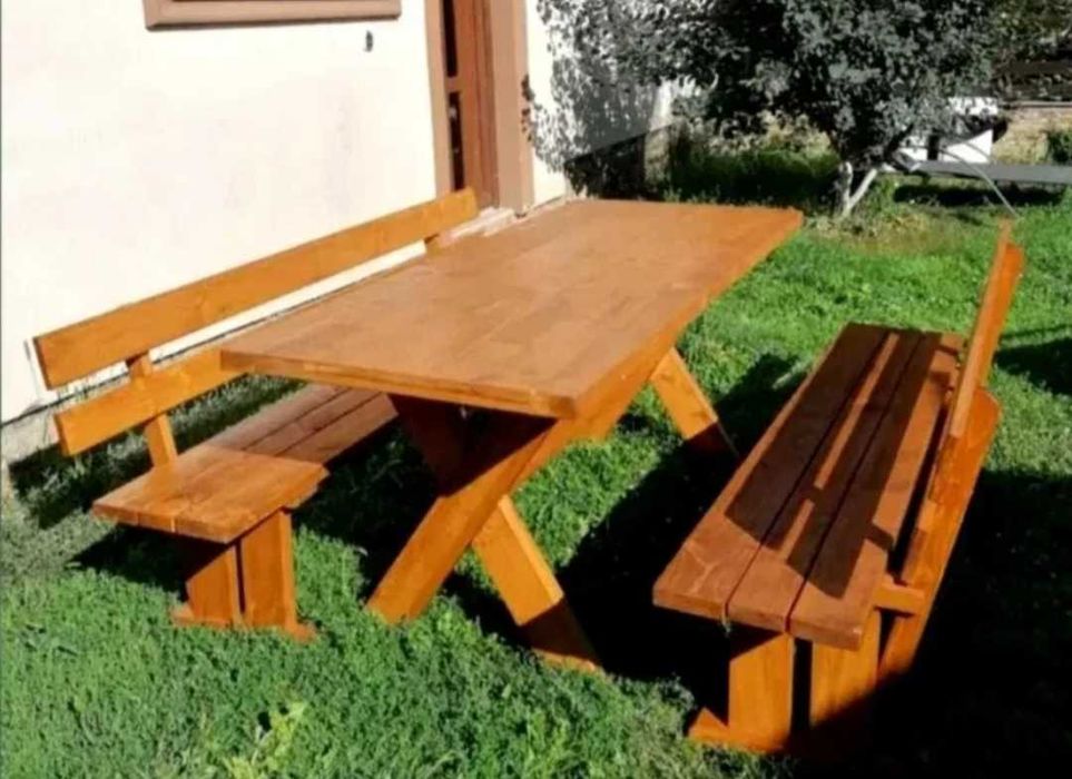 Set mobilier pentru gradina 2.5 m lemn masiv - masa si banci exterior ...