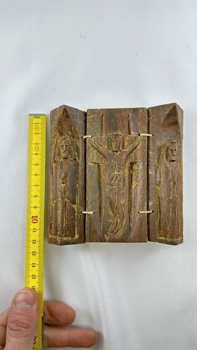 Triptic icoana in lemn sculptura semnata religioasa Isus veche Deva ...