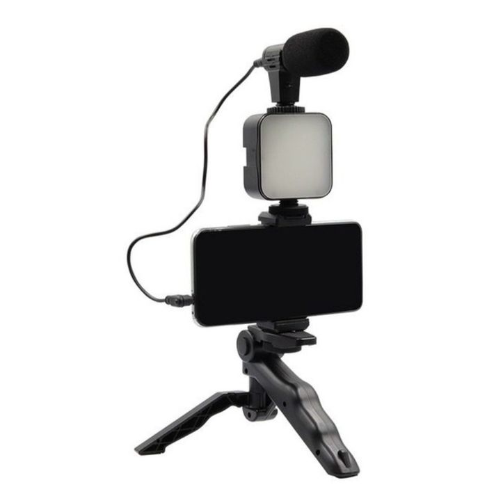 Kit set pentru vloguri cu microfon lampa led trepied si suport telefon ...
