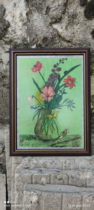 Картина с цветя във ваза и птиченце до нея А4 формат гр Асеновград • Olx Bg