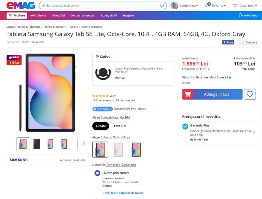 Tableta Samsung Galaxy Tab S6 Lite,cu SIM, 10.4", 4GB RAM, 64GB, 4G ...