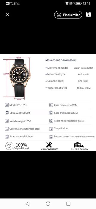 Ceas automatic 40mm, inspirat de Rolex Yacht Master, Seiko NH35A ...