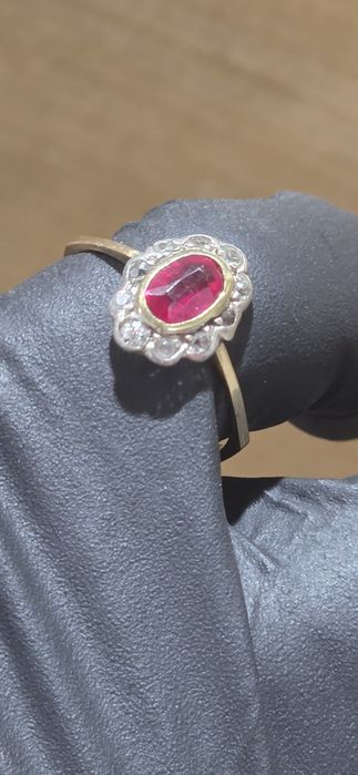 Inel Vintage Aur 14K cu 10 Diamante și Rubin – Certificat Gemologic ...