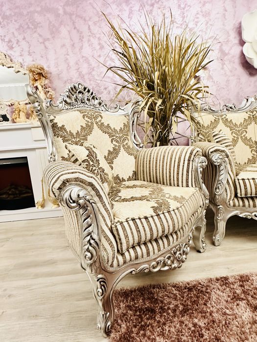 Set canapea 3 locuri+ 2 fotolii stil baroc, lemn masiv/mobilier living ...