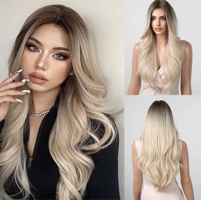 Peruca R20 Blonda ombre satena baza inchisa creata ondulata bucle gri ...