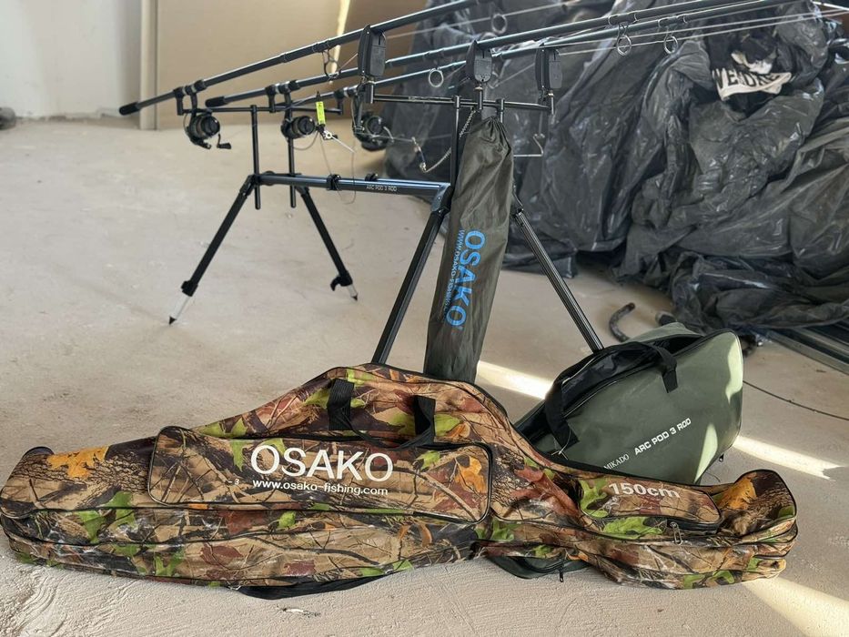 Коплект въдици Osako + две стойки и лодка с дистанционно за захранка с. Кокаляне • OLX.bg