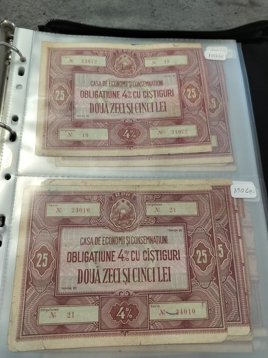 Obligatiuni rare,RPR 25 lei și 50 lei bancnote, bani vechi Lipova • OLX.ro