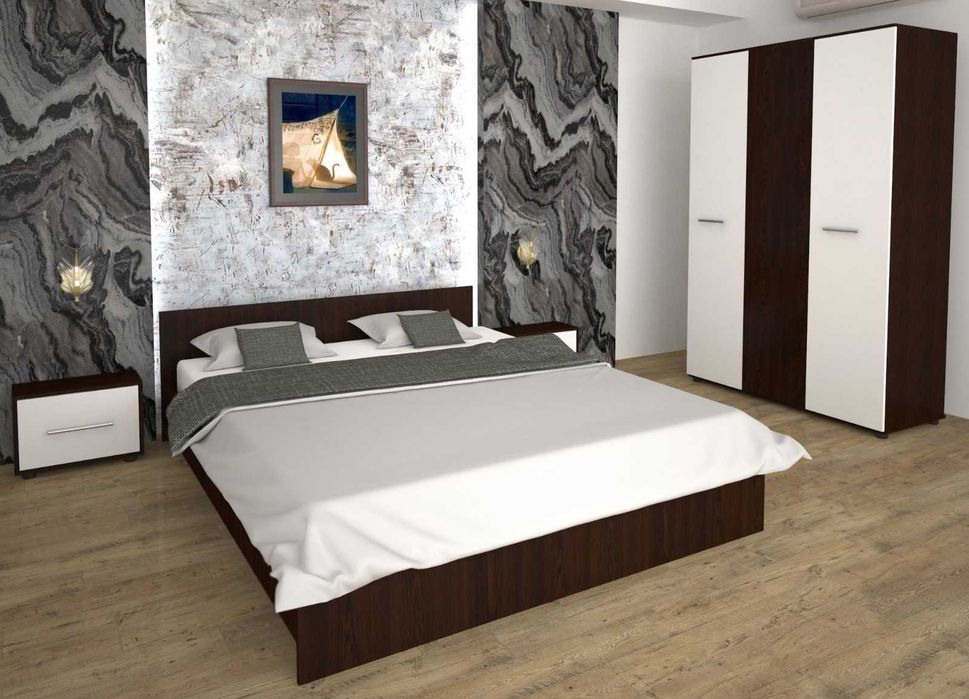 Dormitor Raio Alb/Venghe/Stejar - Pat 2 Noptier+Dulap GHX251 Gura Humorului • OLX.ro