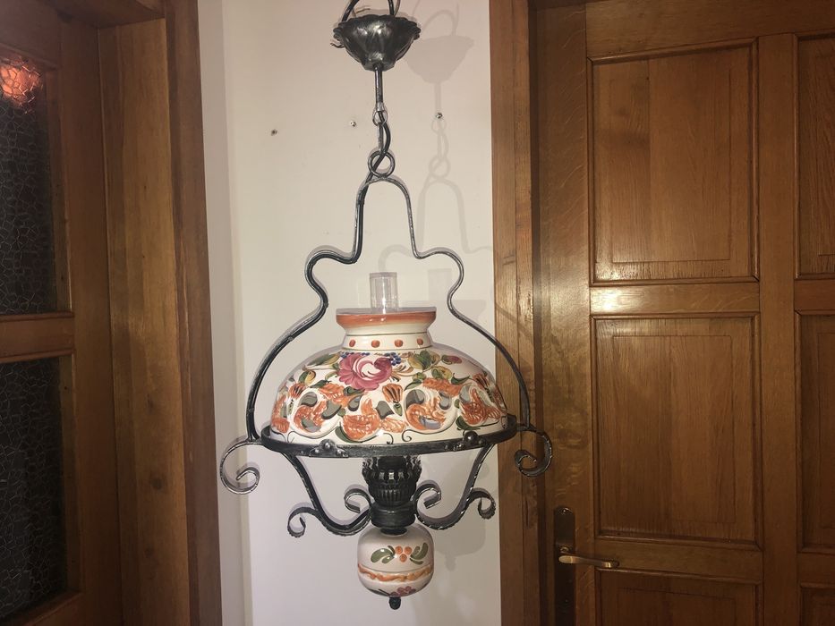 Candelabru,lustra,lampa rustica germana,fier forjat,ceramica emailata ...