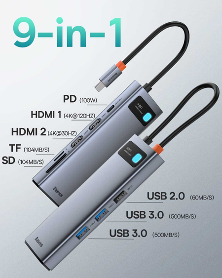 USB Hub Док станция Baseus 9в1 Typec CReader PD 100W 4K-120Hz Ethernet